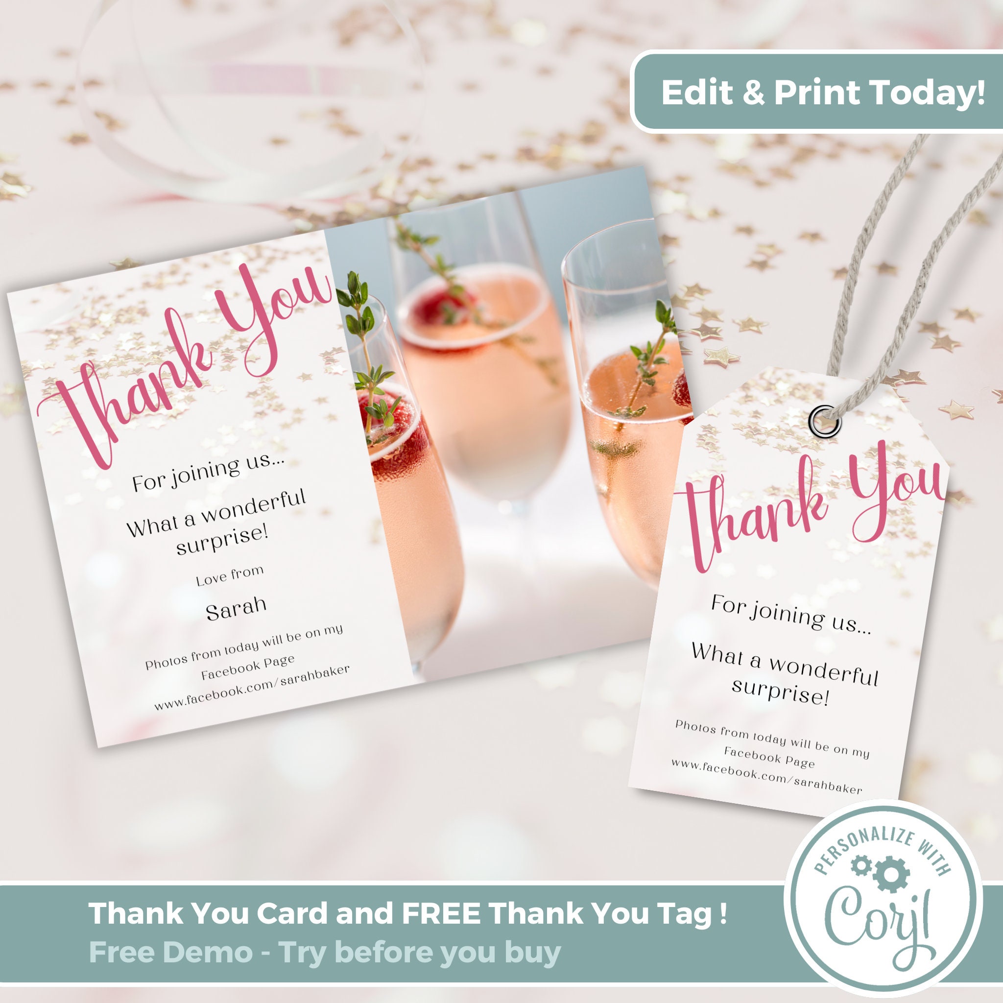 Editable Surprise Pink Thank You Card, Party Thank You Tag, Editable ...
