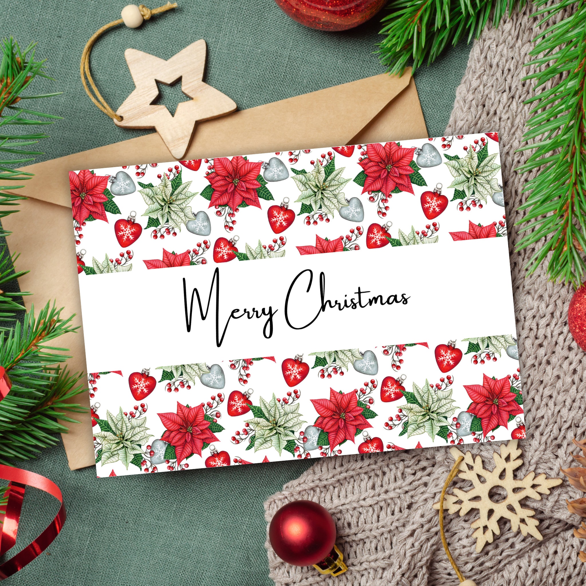 Christmas Card Printable With Festive Flowers Seasons - Etsy