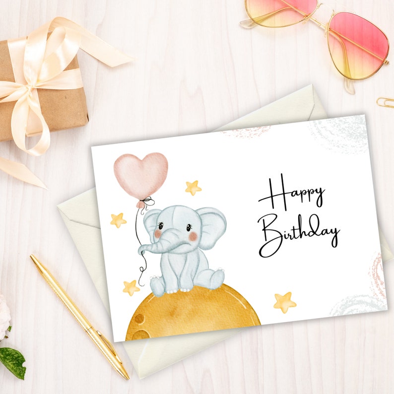 Printable Birthday Card, Happy Birthday Card Baby Elephant, Greetings ...