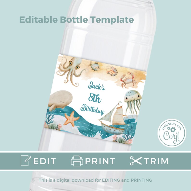Under the Sea Water Bottle Label Template, Editable Bottle Wrapper ...