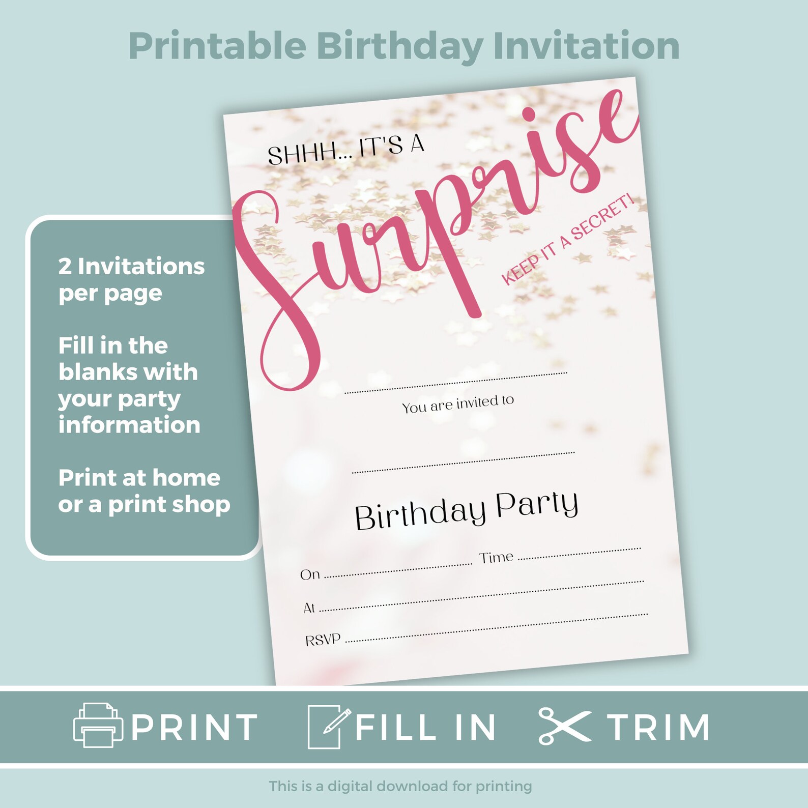Printable Surprise Pink Birthday Invitation, Fill in Birthday Party ...