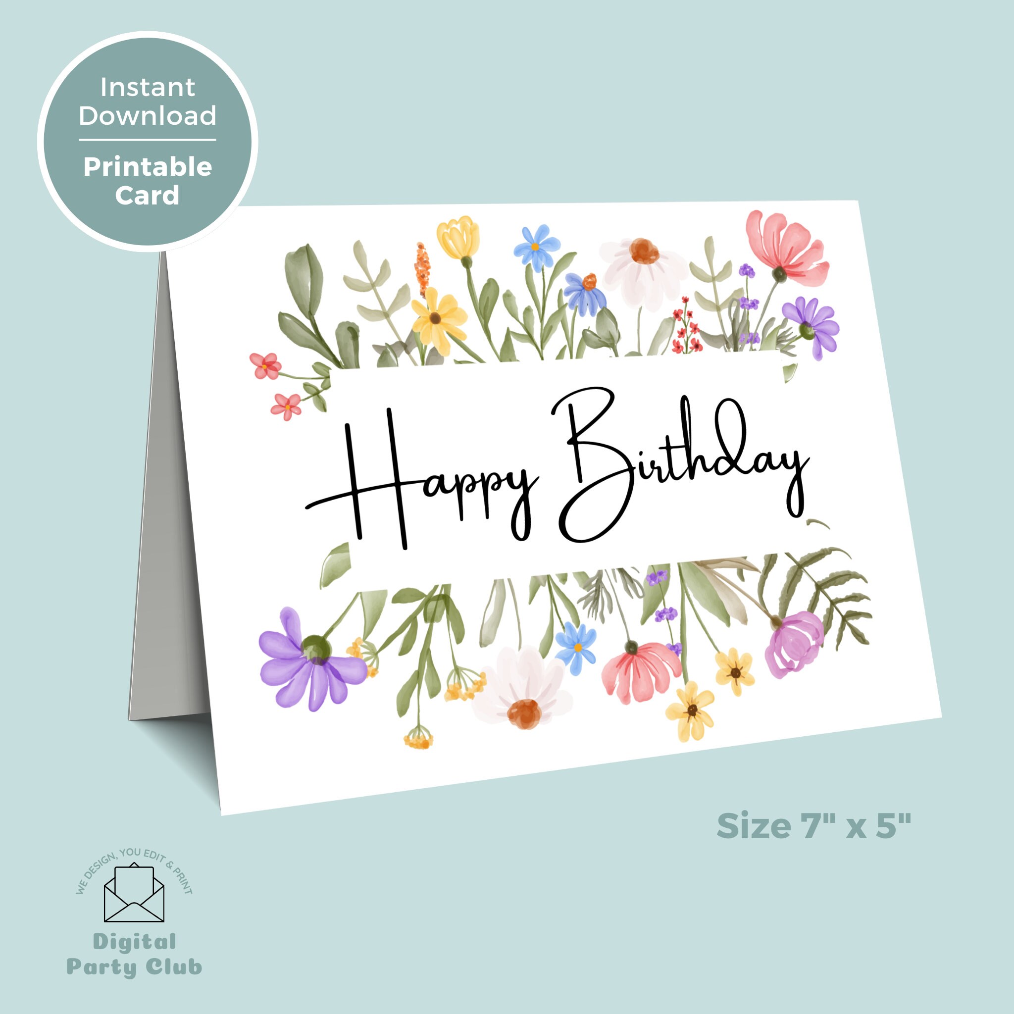 Set of 4 Printable Birthday Cards, Birthday Card Bundle Flowers ...