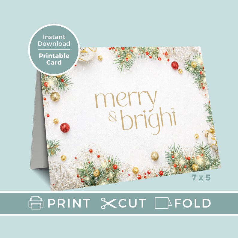 Printable Merry and Bright Christmas Card Festive Holiday Greeting, DIY ...