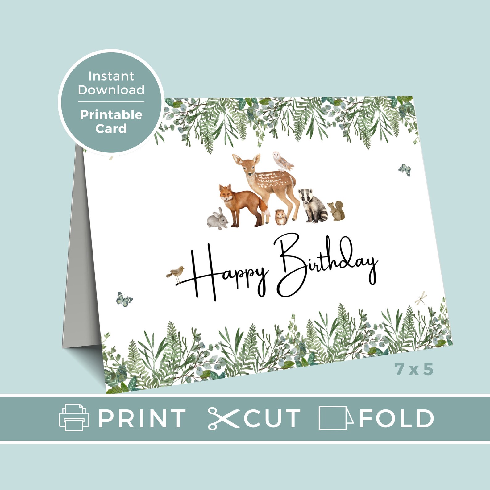 Printable Birthday Card With Woodland Animals, Woodland Scene Instant ...