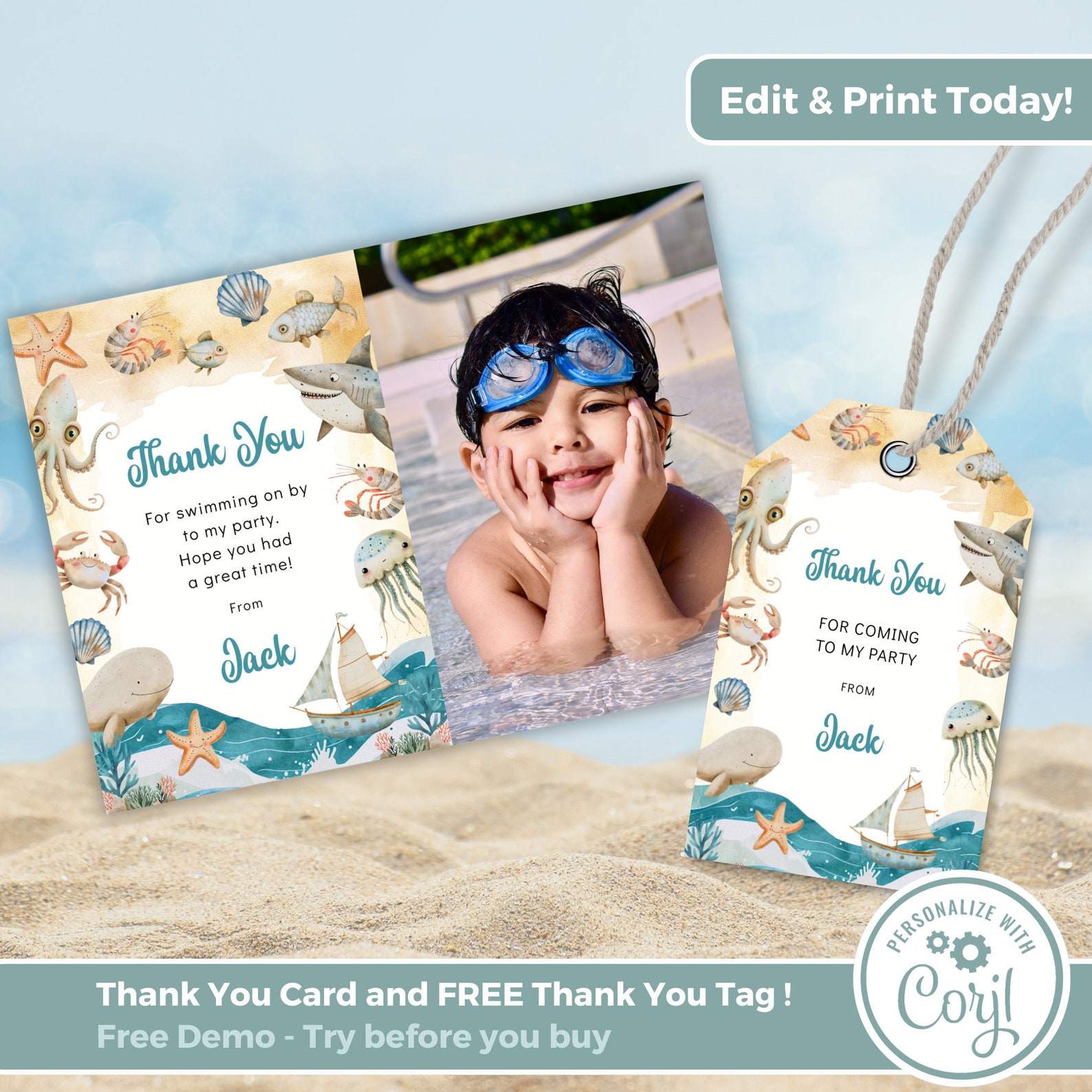 Editable Under the Sea Thank You Card, Swimming Party Thank You Tag ...