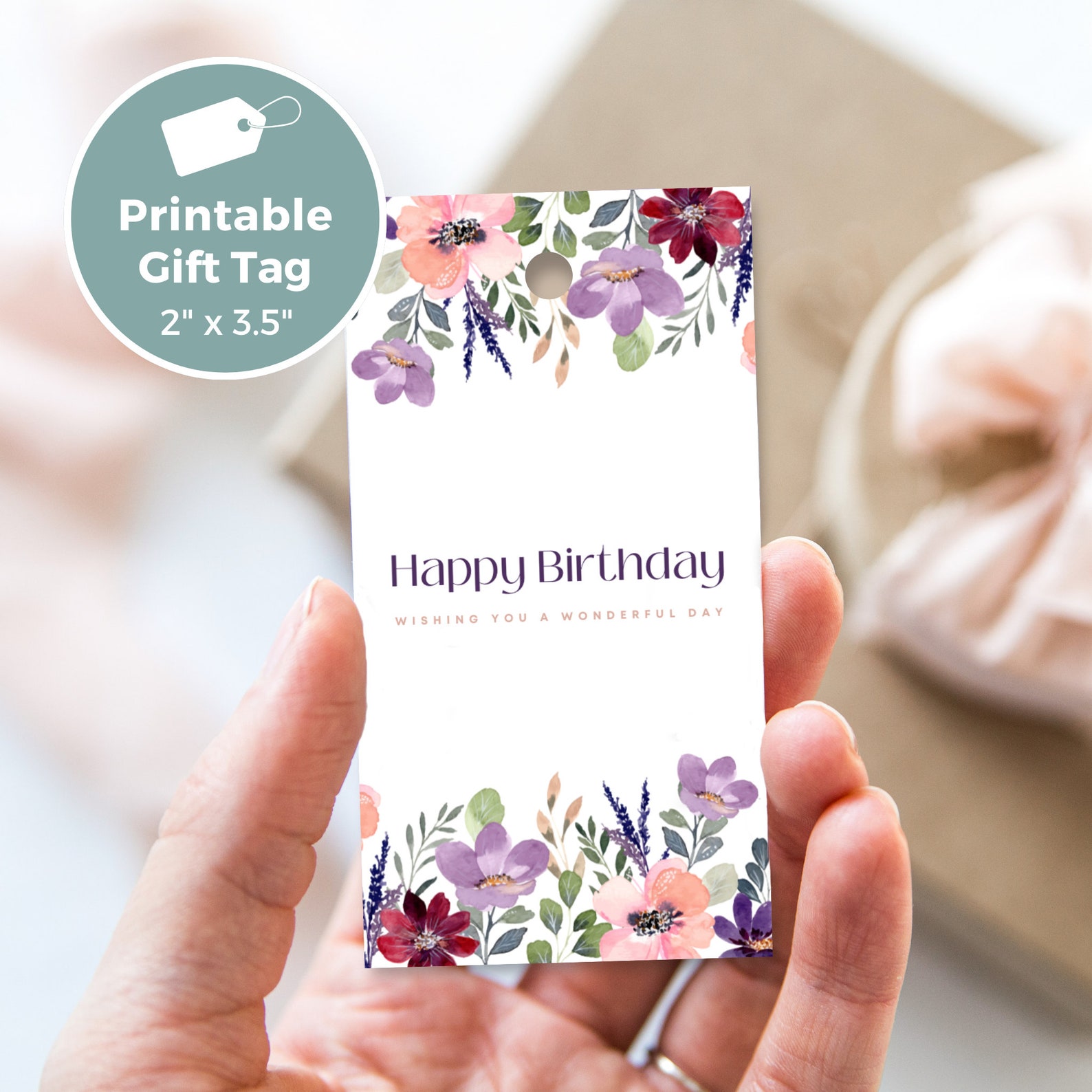 Printable Birthday Purple Flower Gift Tag, Lilac Flower Label, Pink ...