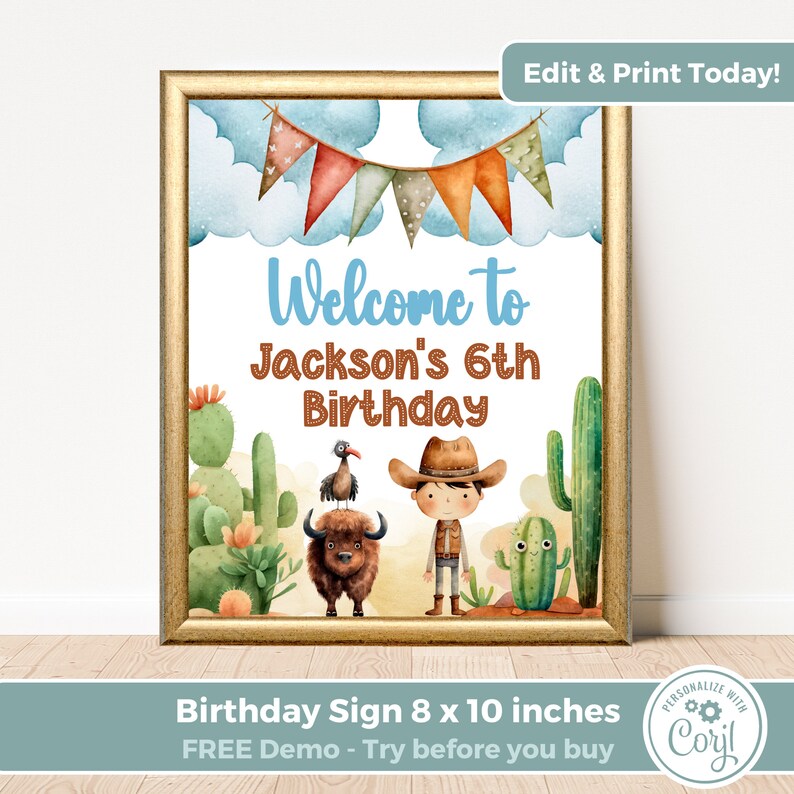 Editable Cowboy Birthday Party Welcome Sign, Wild West Cowboy Rodeo ...