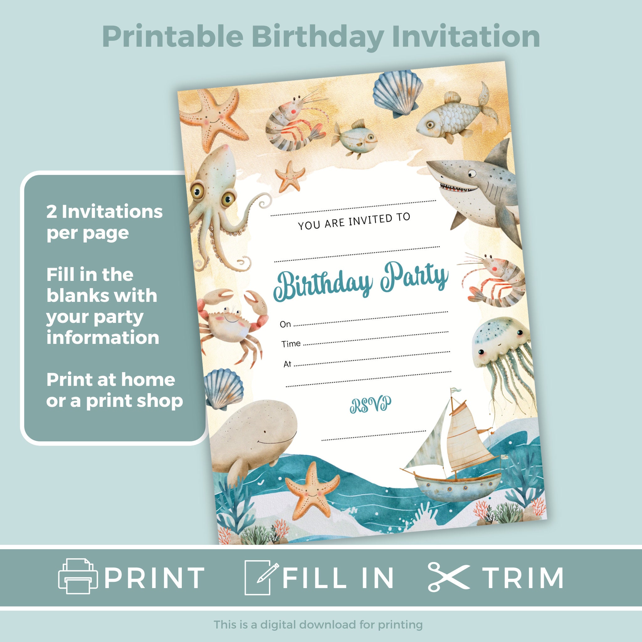 Printable Under the Sea Birthday Invitation, Pool Fill in Party Invite ...