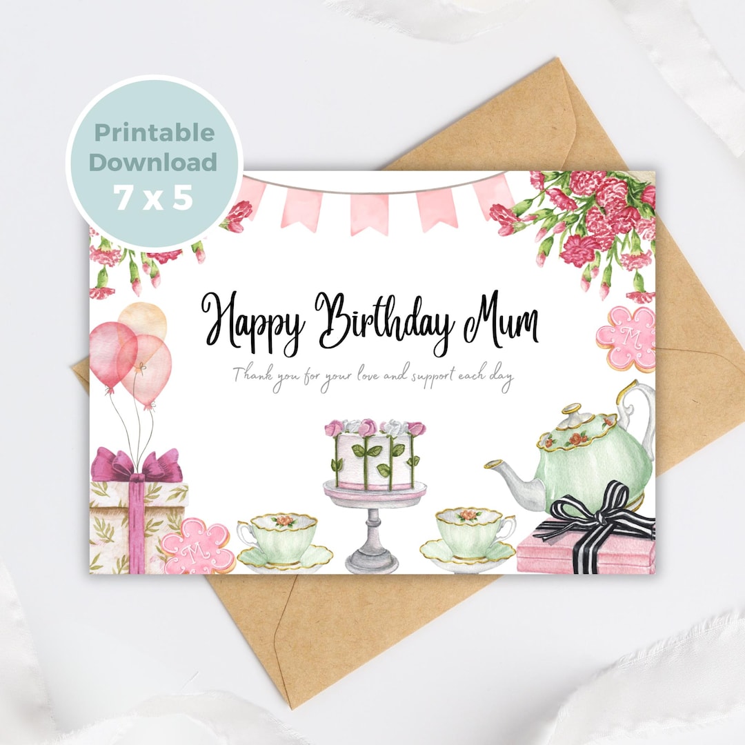 Printable Birthday Card for Mum, Elegant Tea Party Design Birthday Card ...