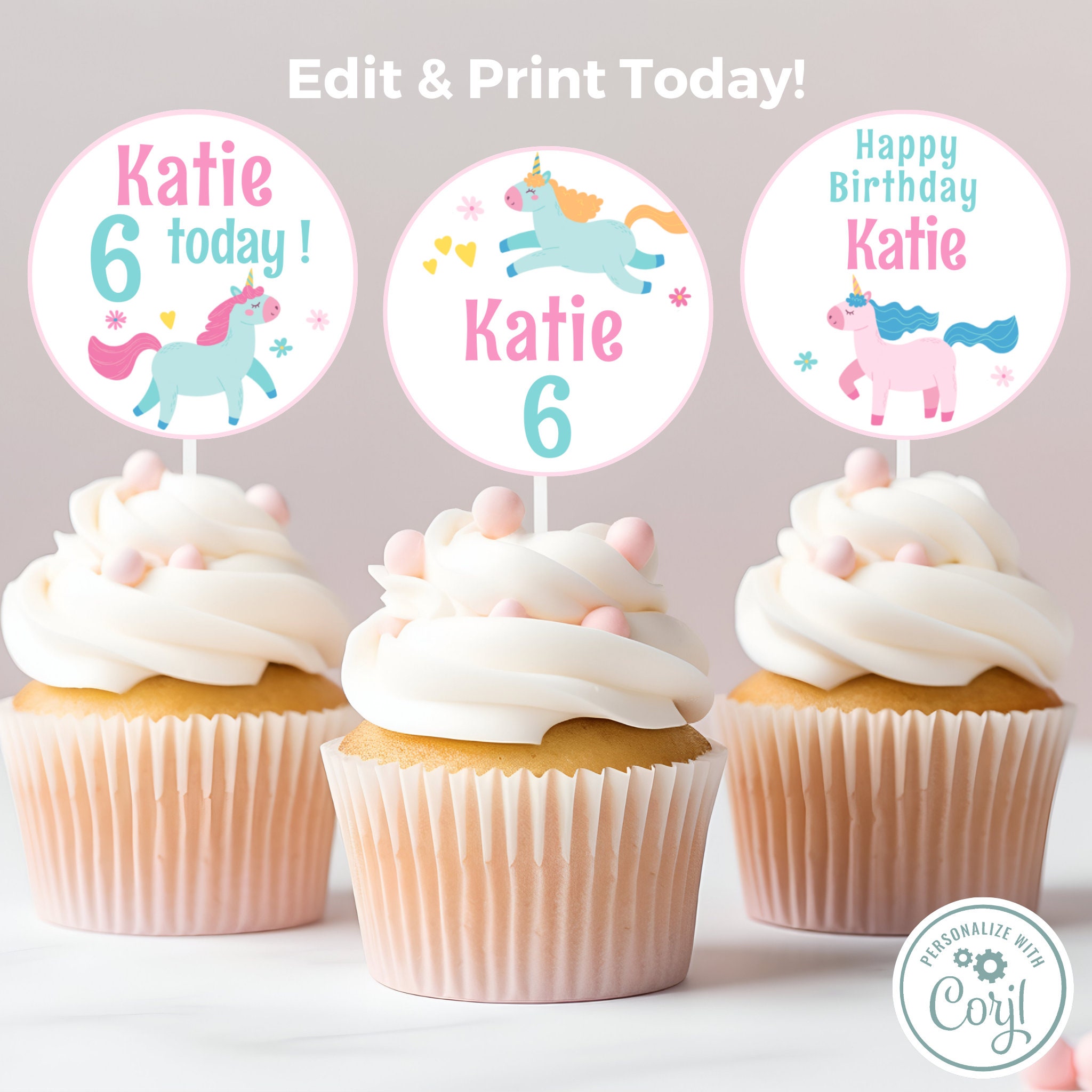 Editable Unicorn Birthday Cupcake Toppers Princess Party Cake Toppers ...