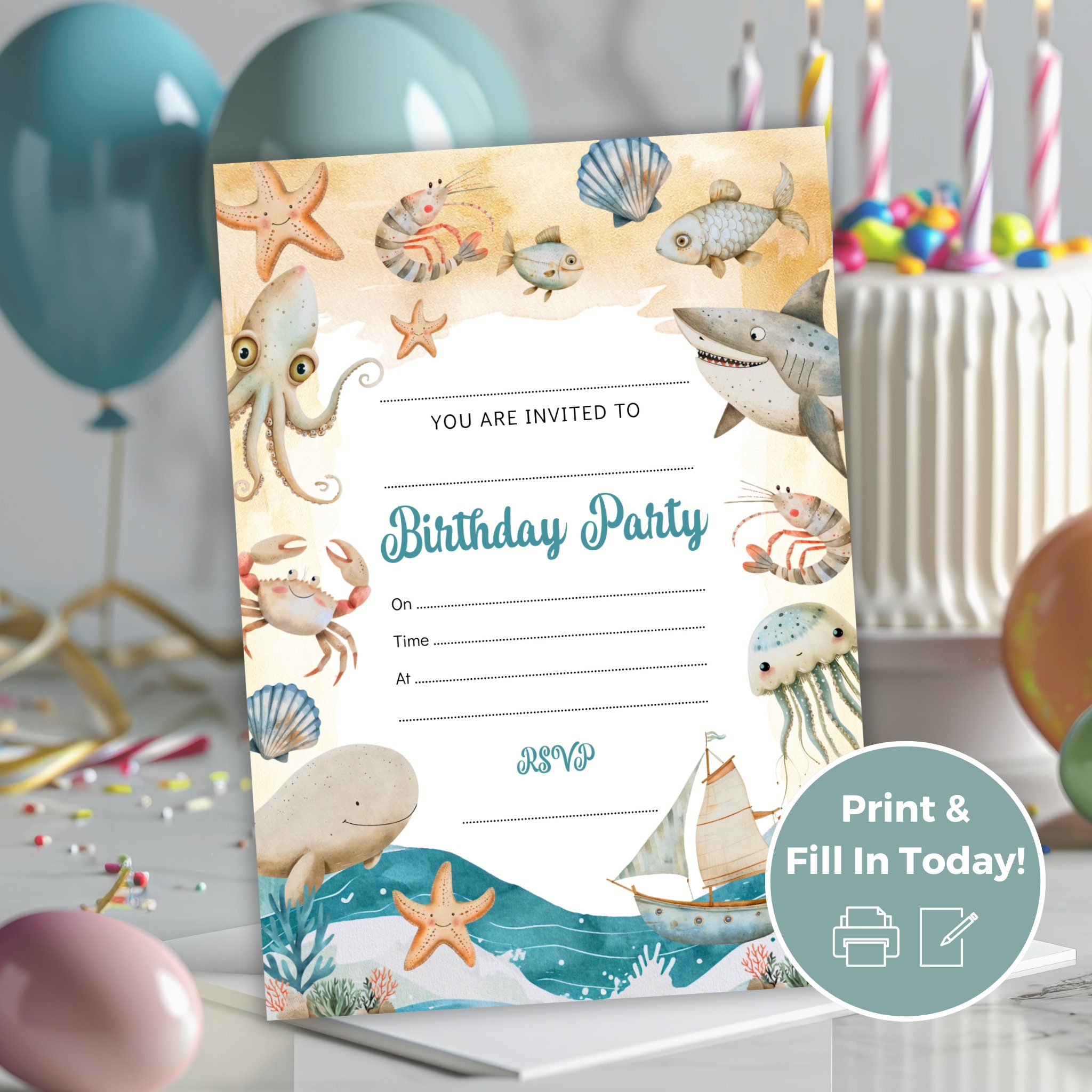 Printable Under the Sea Birthday Invitation, Pool Fill in Party Invite ...