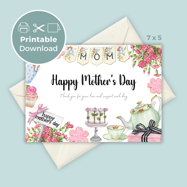 Printable Mothers Day Card, Tea Party Mothers Day Card, DIY Greeting ...