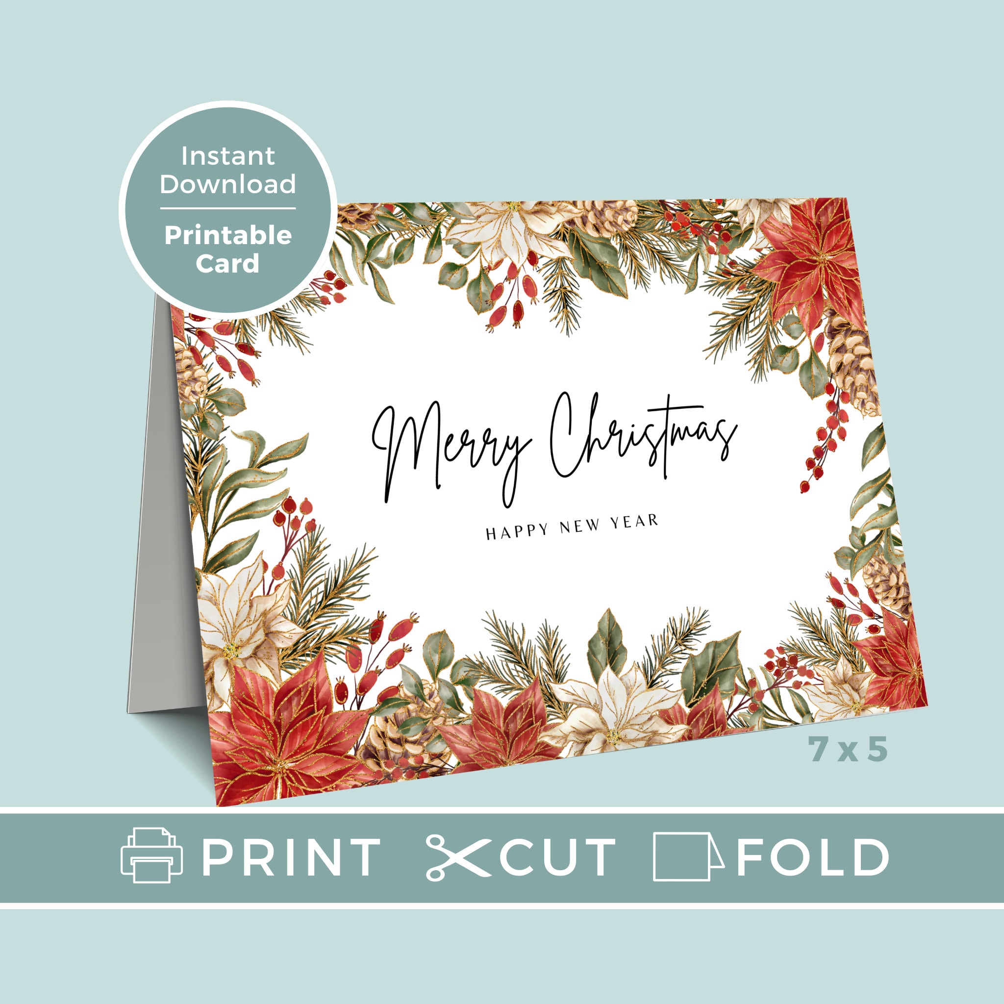 Merry Christmas Card Printable Digital Download, Seasons Greetings Card ...