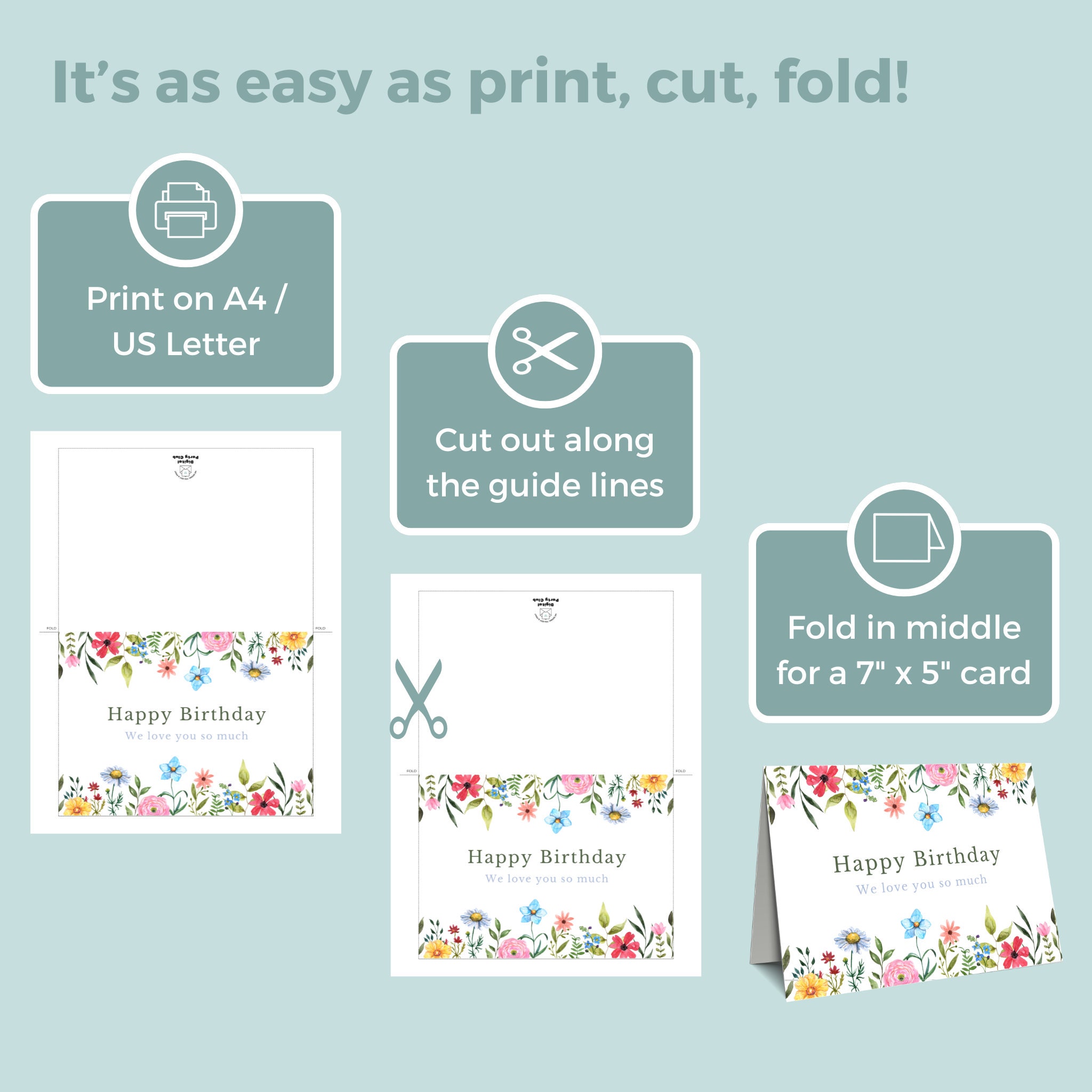 Printable Birthday Card With Flowers, Floral Birthday Card, Printable ...