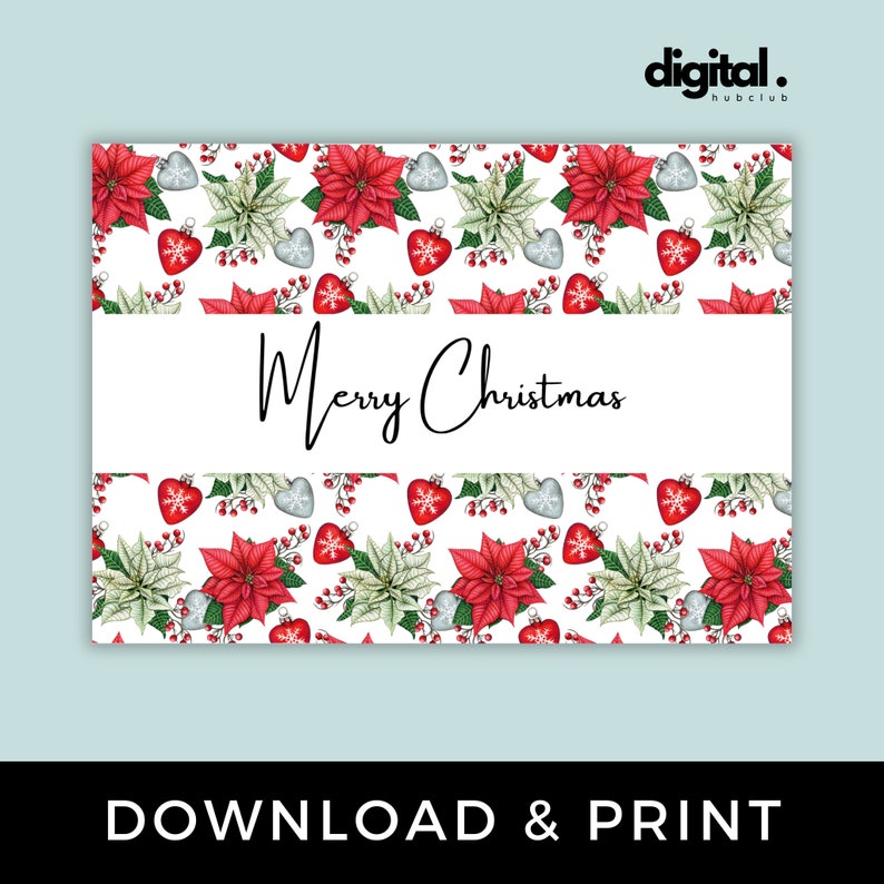 Christmas Card Printable With Festive Flowers Seasons - Etsy