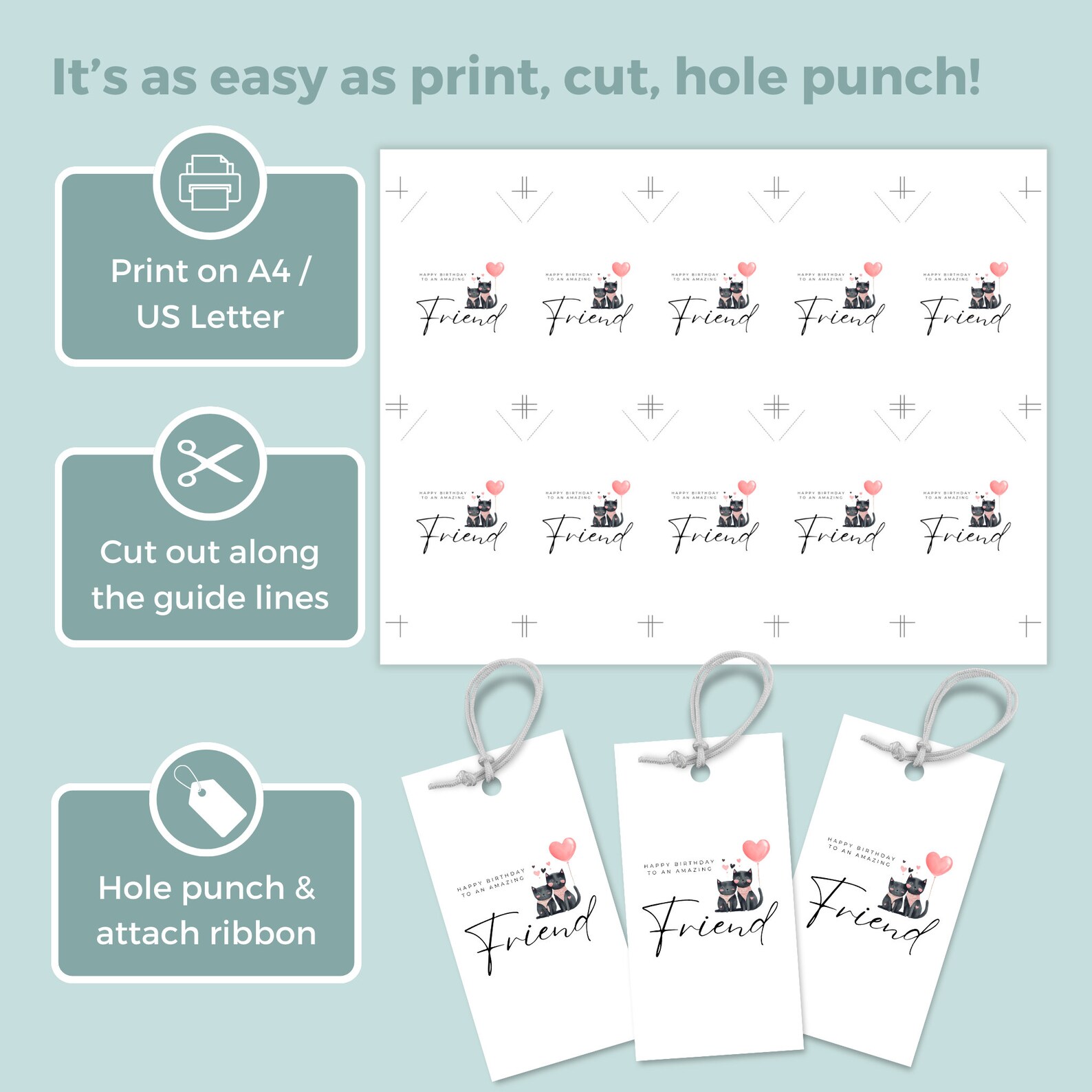Printable Birthday Gift Tag for Friend, Cute Cat Design, Digital ...