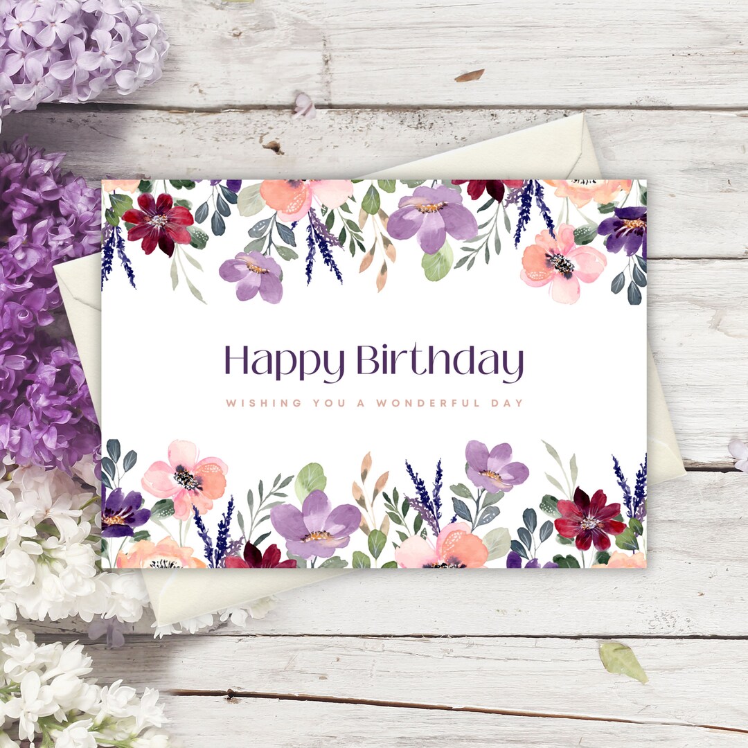 Printable Birthday Card Purple Flower, Floral Pink Birthday Card ...