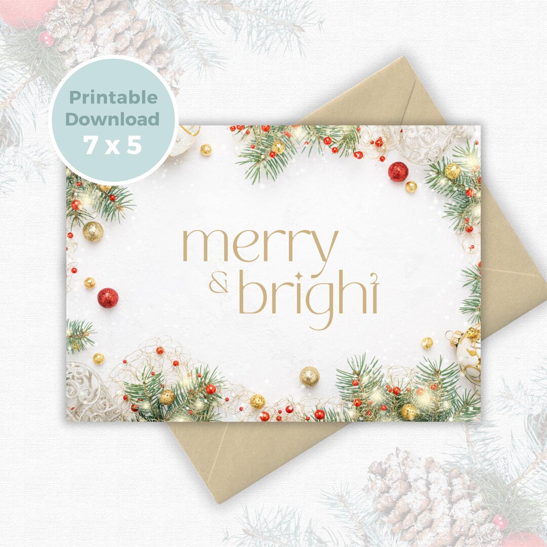 Printable Merry and Bright Christmas Card - Festive Holiday Greeting ...