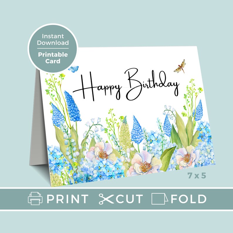 Printable Birthday Card Spring Flowers, Happy Birthday Card, Birthday ...