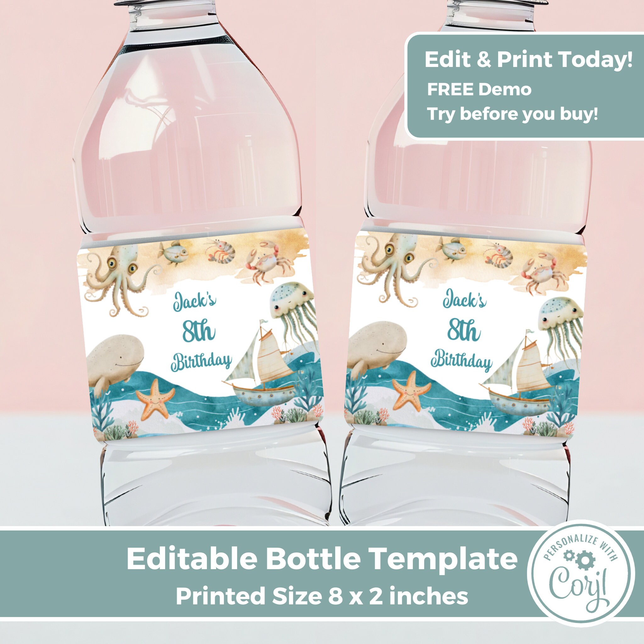 Under the Sea Water Bottle Label Template, Editable Bottle Wrapper ...