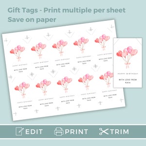 Personalised Birthday Gift Tags With Balloons, Happy Birthday Editable ...