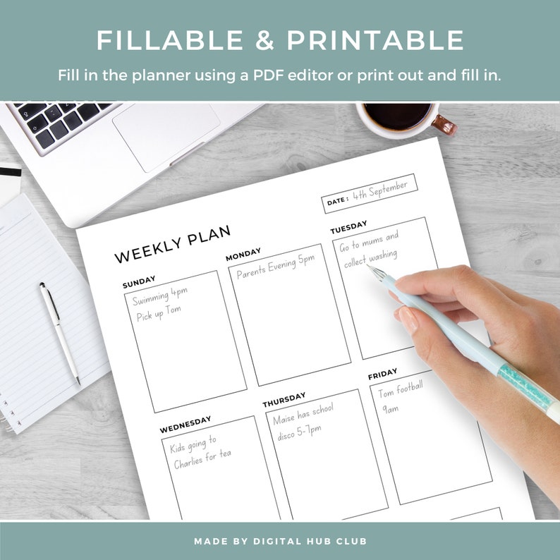 Weekly Planner Printable and Fillable, Digital Weekly Organiser, Weekly ...
