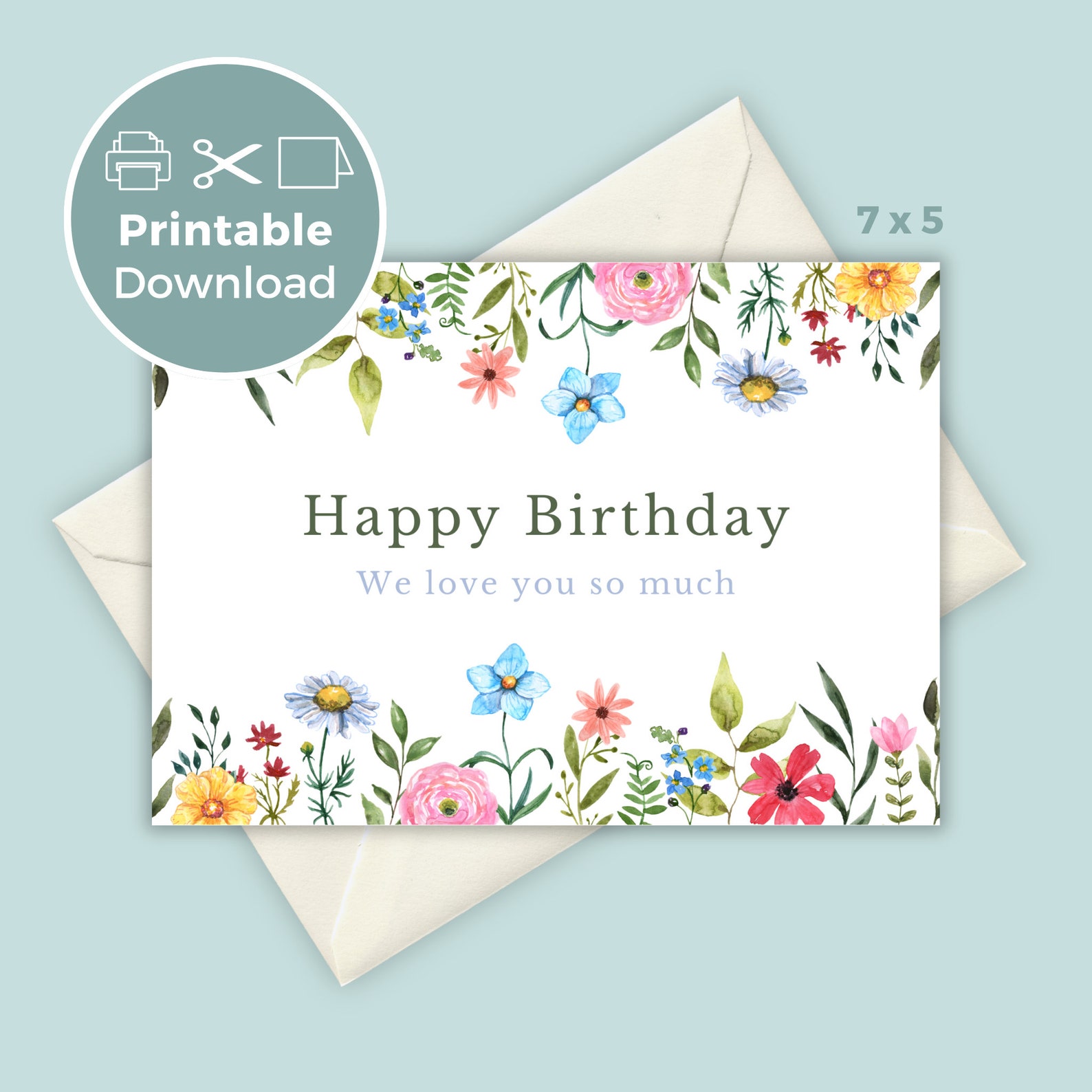 Printable Birthday Card With Flowers, Floral Birthday Card, Printable ...