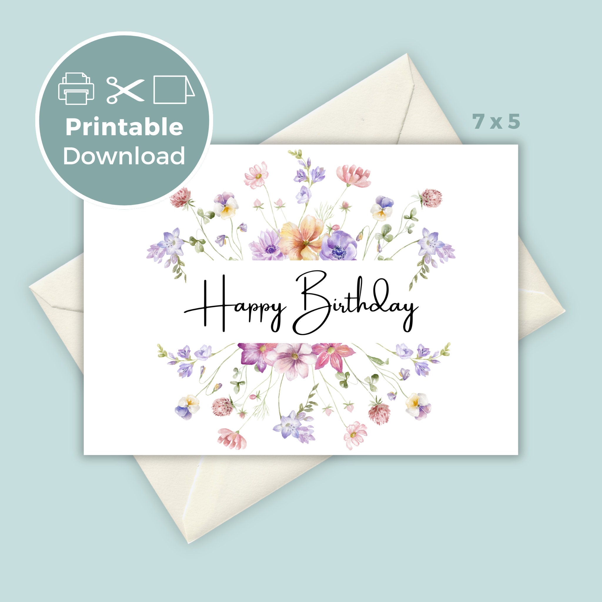 Printable Birthday Card With Flowers, Floral Birthday Card, Printable ...