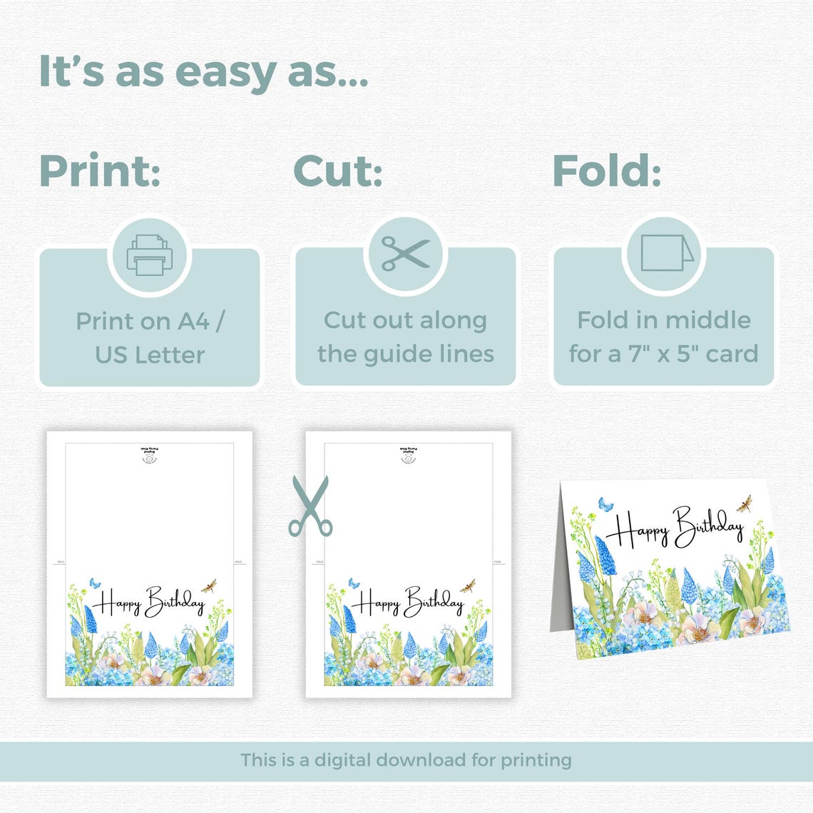 Printable Birthday Card With Spring Flowers, Happy Birthday Floral Card ...