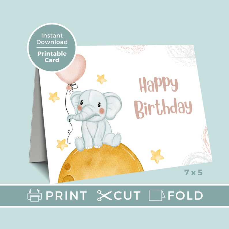 Printable Birthday Card, Happy Birthday Card Baby Elephant, Greetings ...