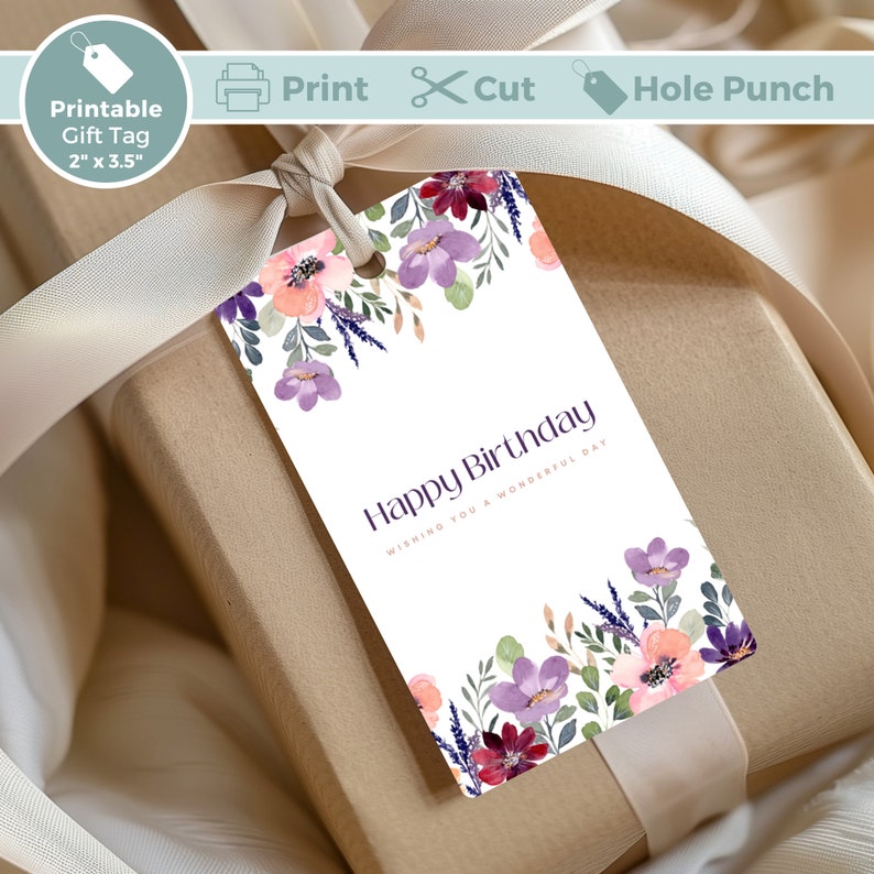 Printable Birthday Purple Flower Gift Tag, Lilac Flower Label, Pink ...