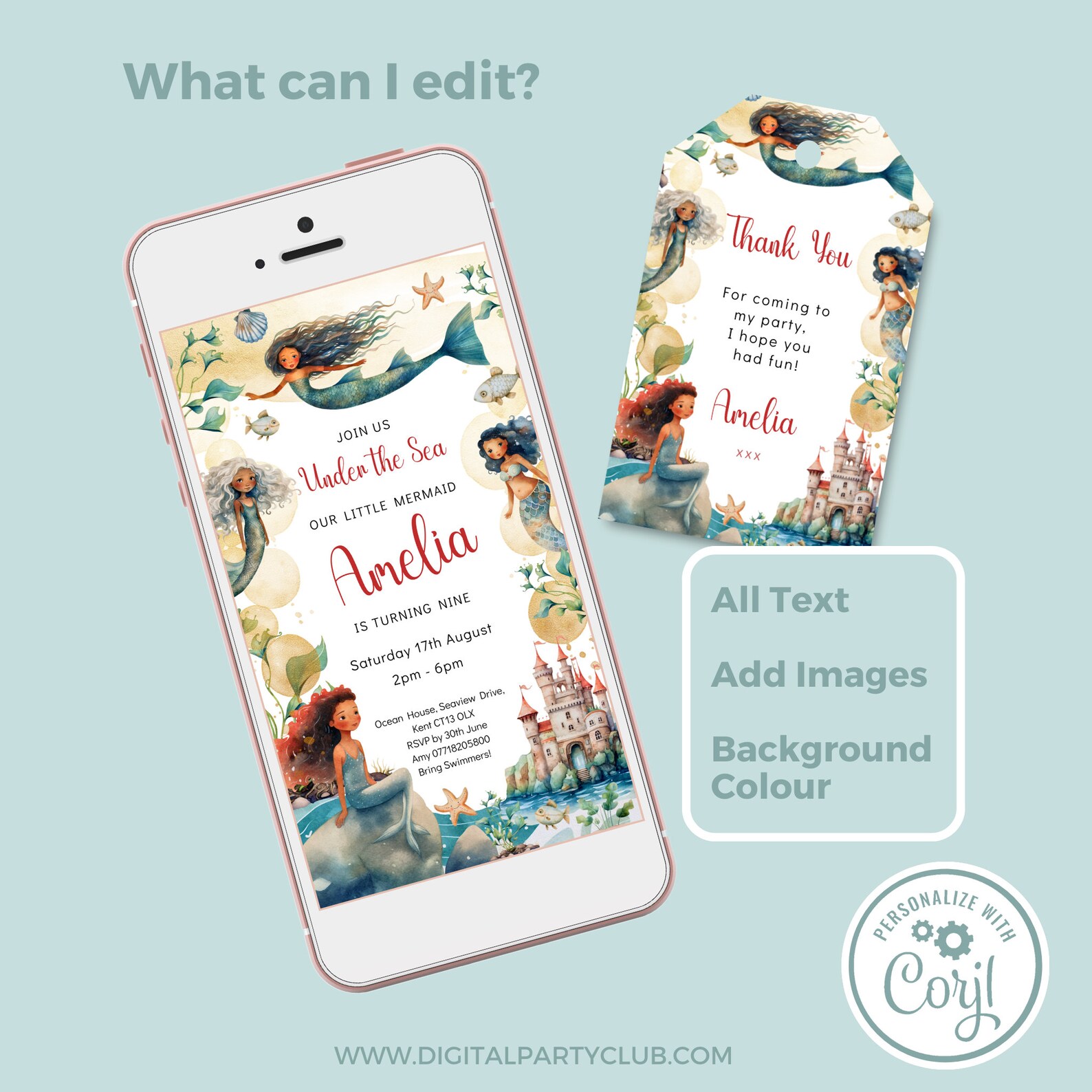 Editable Mermaid Under the Sea Phone Invitation Template, Editable ...