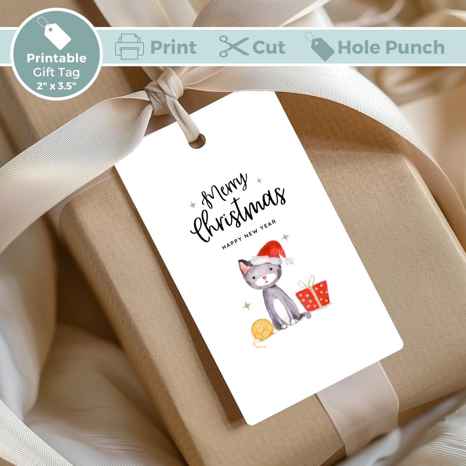Printable Christmas Gift Tag, Cute Cat With Santa Hat, 2"x3.5" Holiday ...