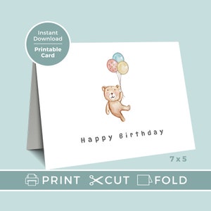 Printable Birthday Card With Cute Teddy Bear and Balloons, Baby Bear ...