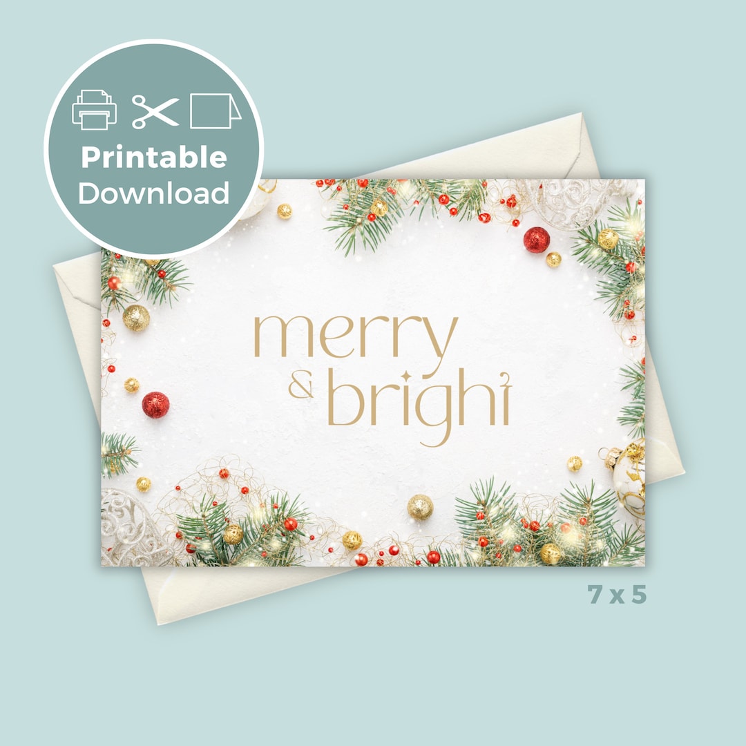 Printable Merry and Bright Christmas Card Festive Holiday Greeting, DIY ...