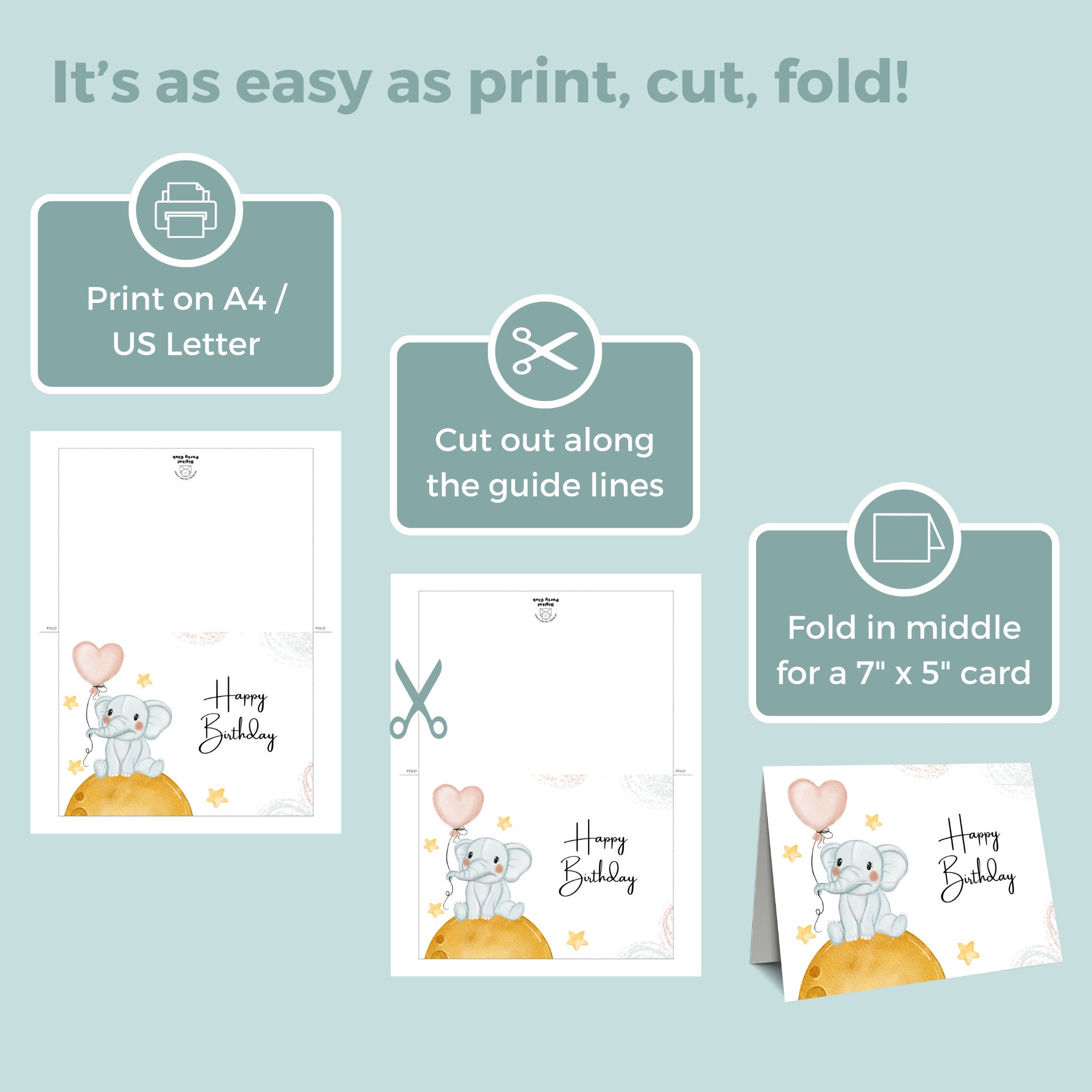 Printable Birthday Card, Happy Birthday Card Baby Elephant, Greetings ...