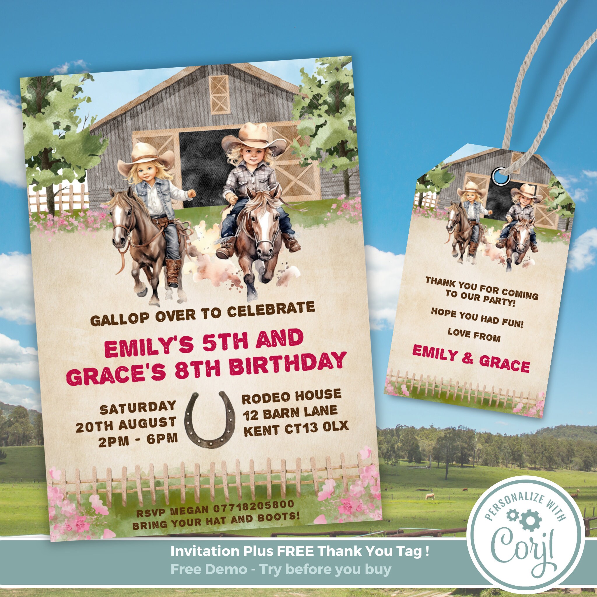 Editable Joint Horse Birthday Invitation Template, Sister Cowgirl Party ...