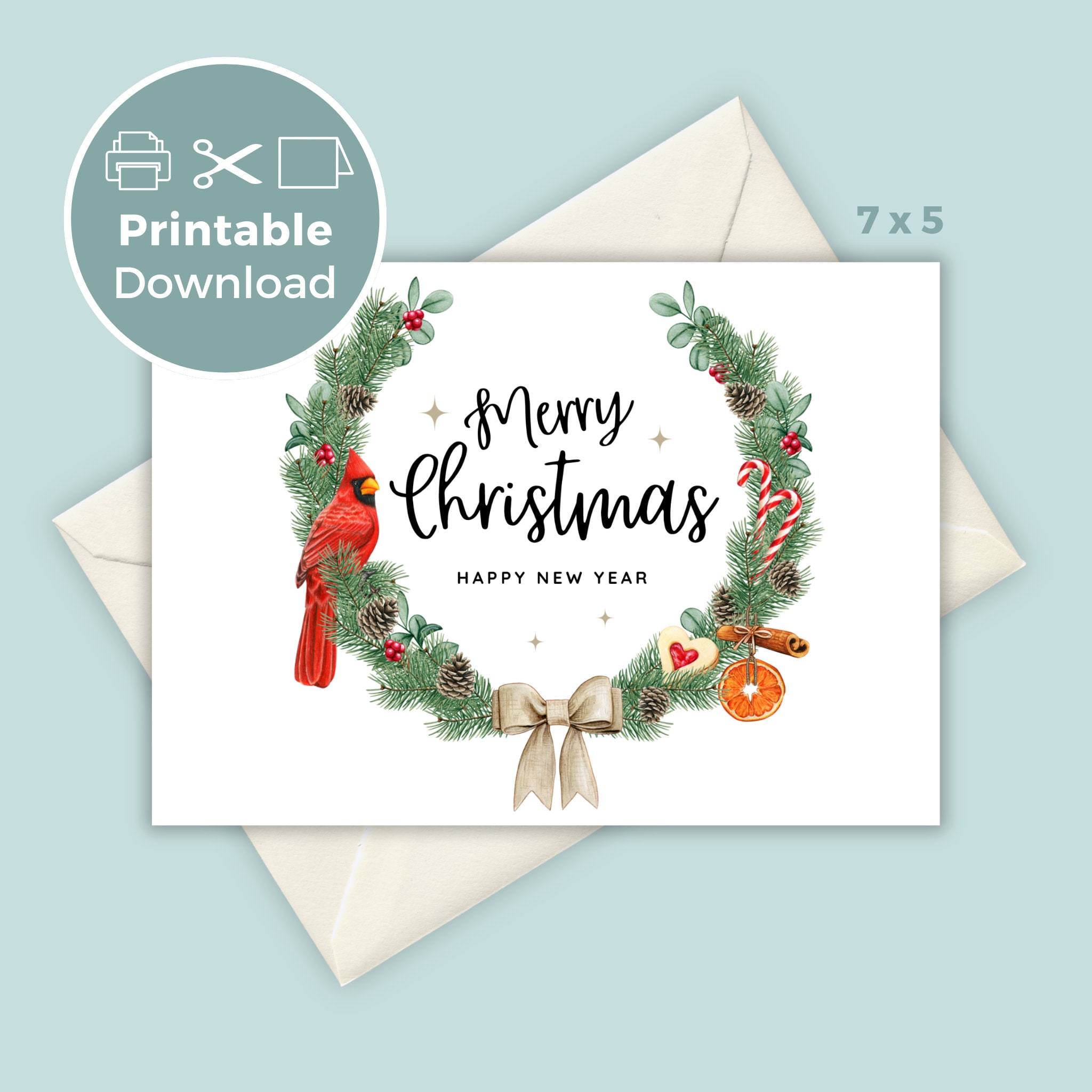 Merry Christmas Card Printable With Wreath, Seasons Greetings Card ...