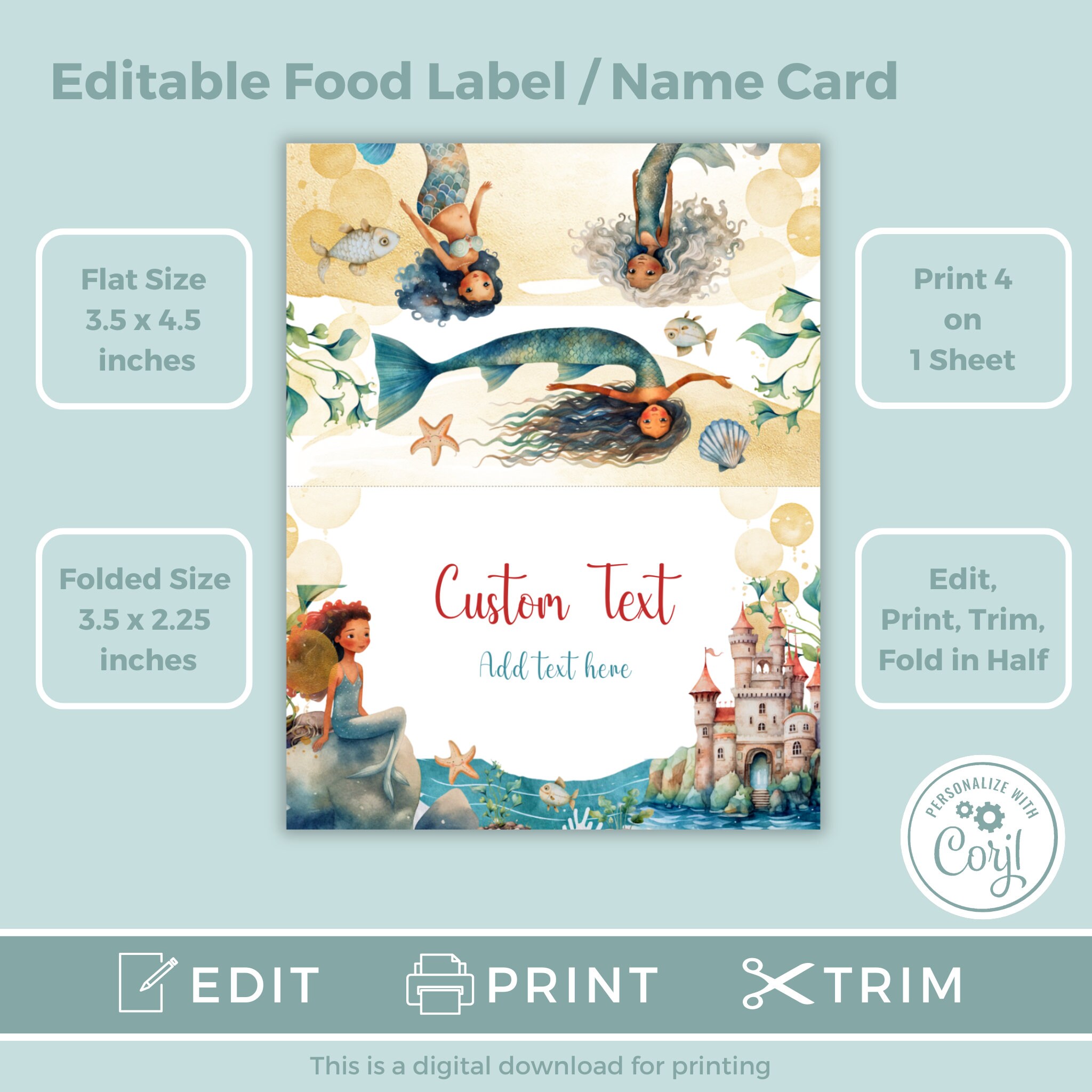 Editable Mermaid Food Buffet Label Tent Card Food Place Cards Table ...