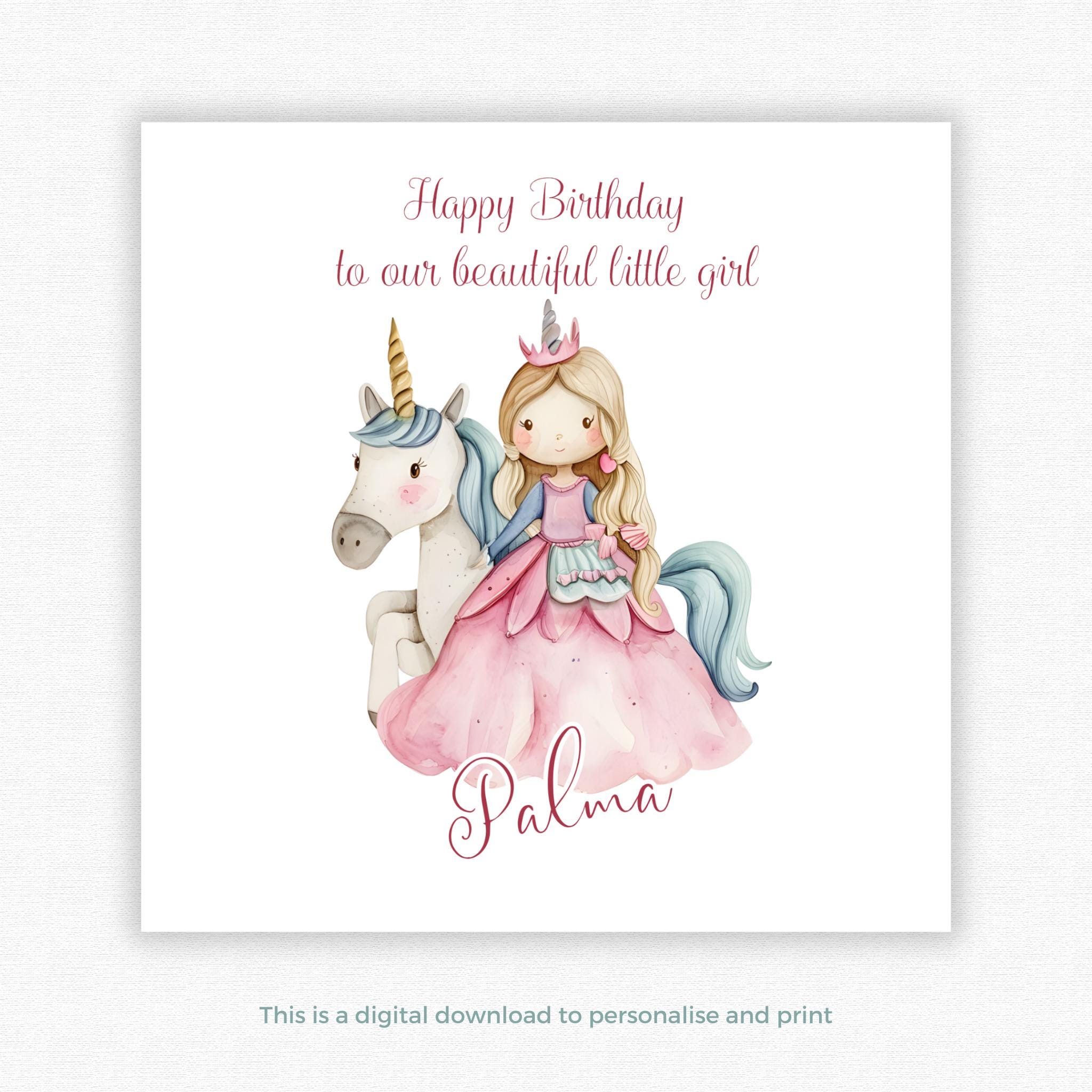 Personalised Unicorn Birthday Card, Beautiful Little Girl Custom Card ...