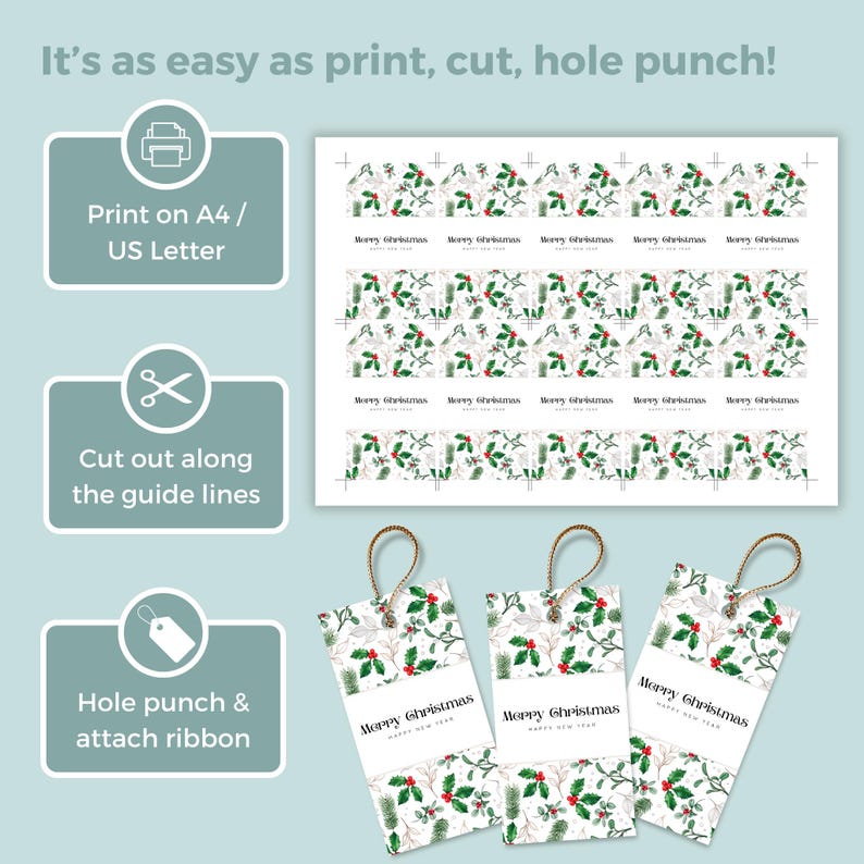 Printable Christmas Gift Tag Holly Berries and Mistletoe, Festive ...
