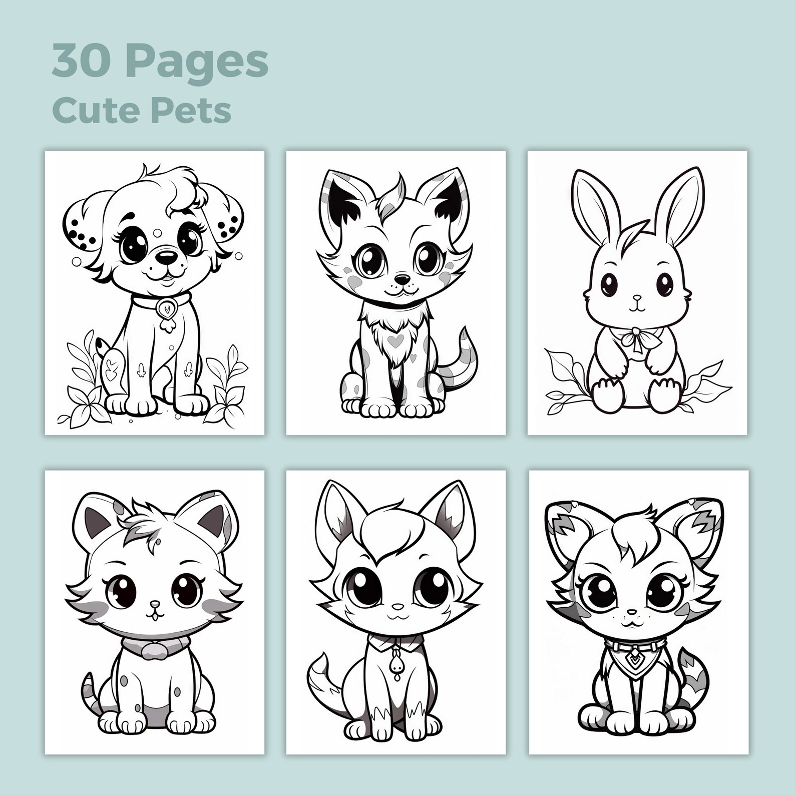 30 Colouring Pages for Kids Printable, Cute Pets Colouring Pages for ...