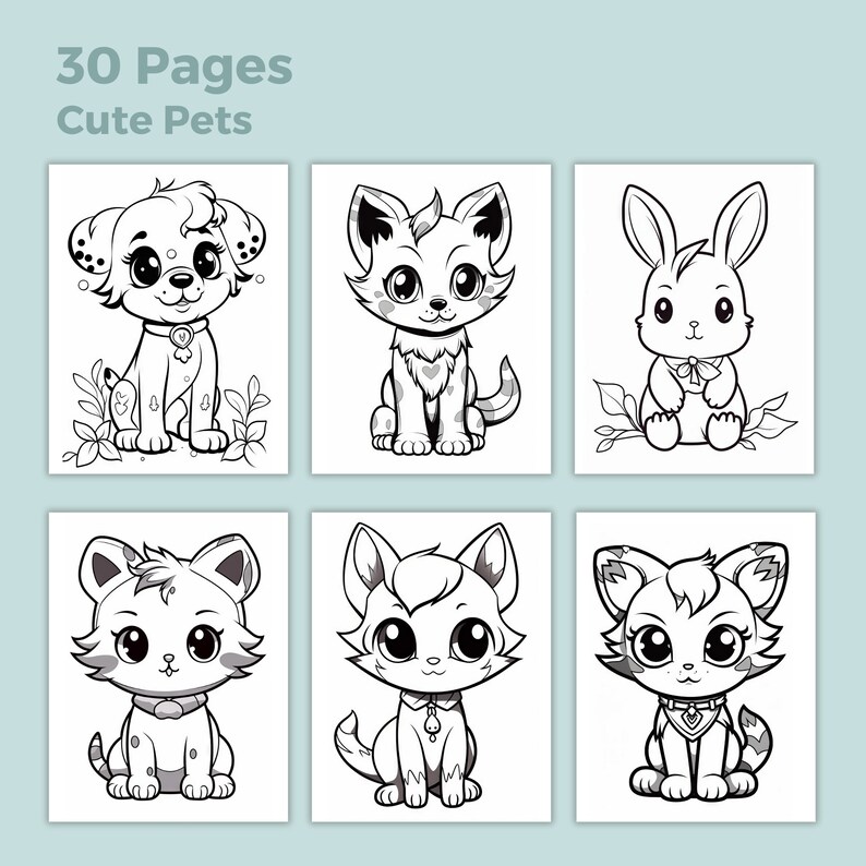 30 Colouring Pages for Kids Printable, Cute Pets Colouring Pages for ...