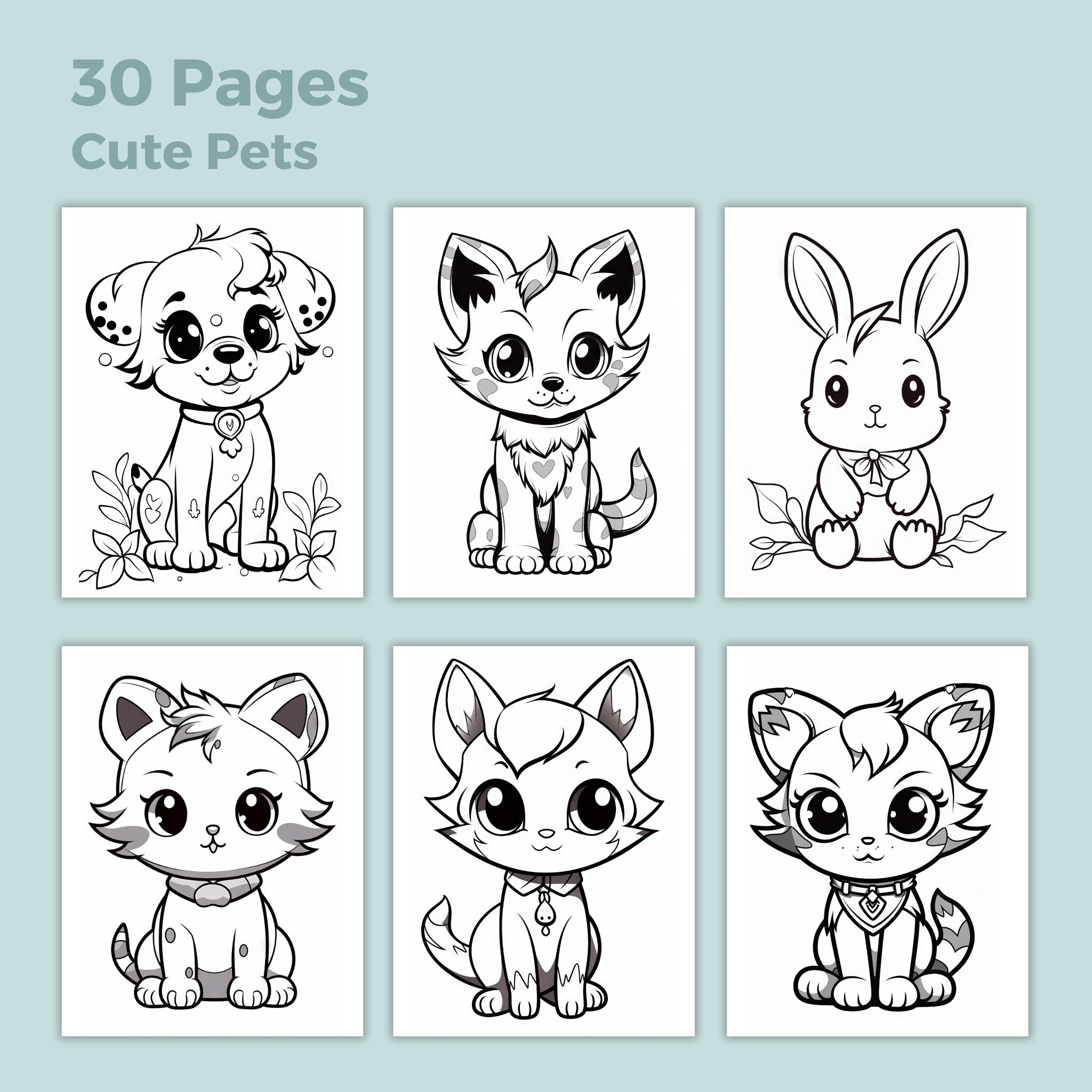 30 Colouring Pages for Kids Printable, Cute Pets Colouring Pages for ...