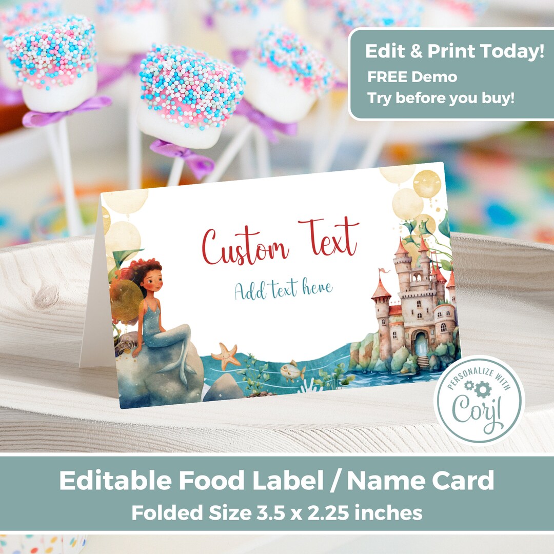 Editable Mermaid Food Buffet Label Tent Card Food Place Cards Table ...