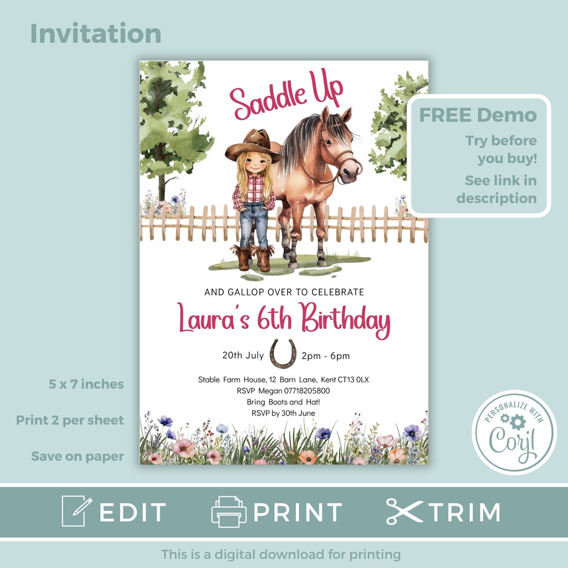 Girl Saddle up Birthday Invitation Template, Cowgirl Invite, Horse ...