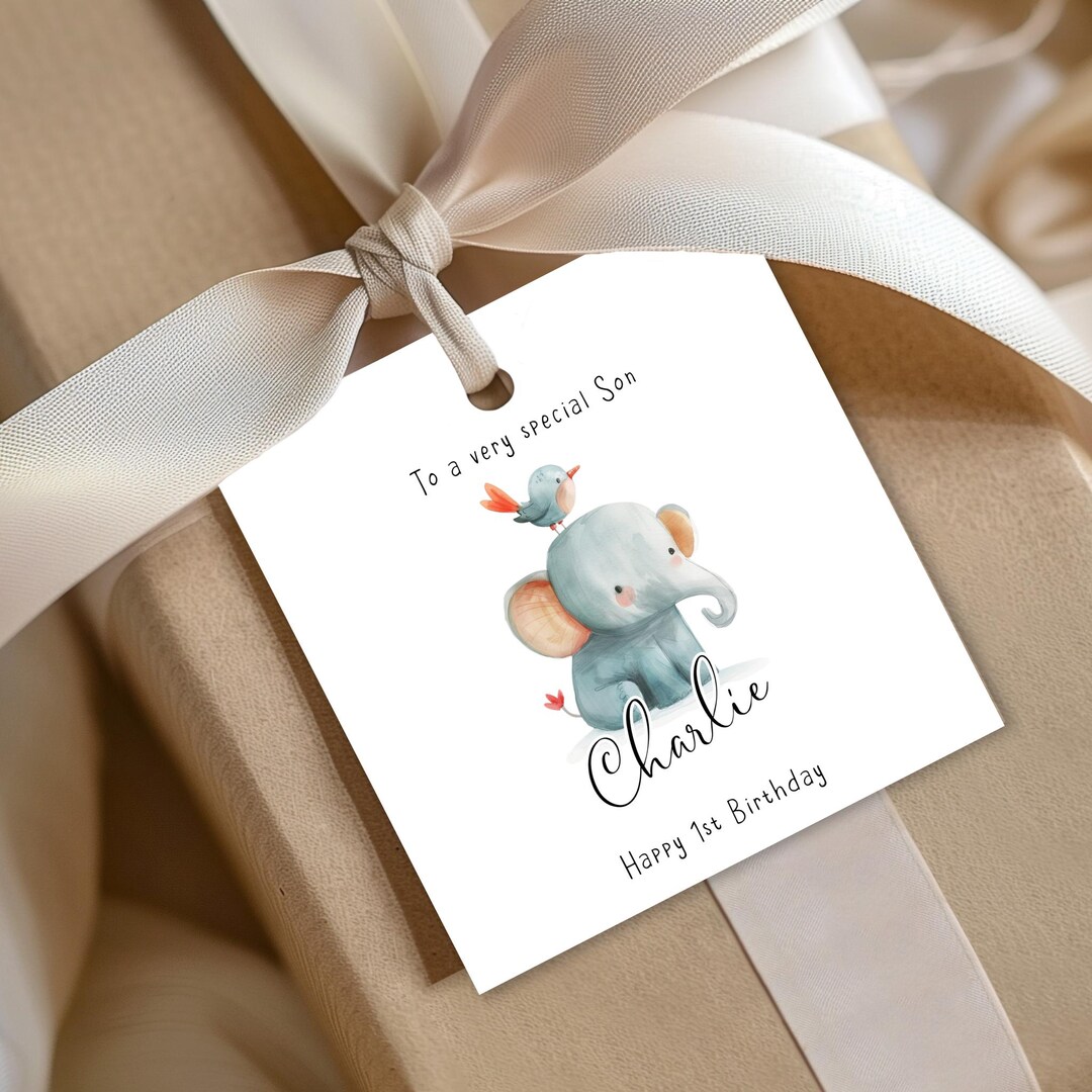 Editable Baby Elephant Birthday Gift Tag, Personalised Printable, 1st ...