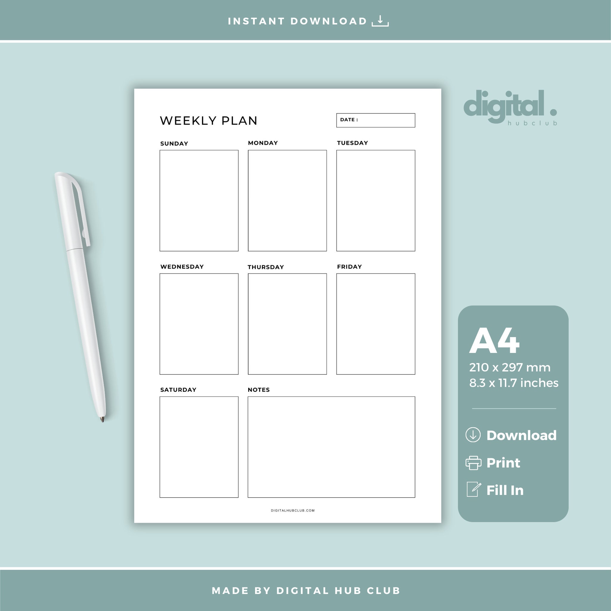 Weekly Planner Printable and Fillable, Digital Weekly Organiser, Weekly ...