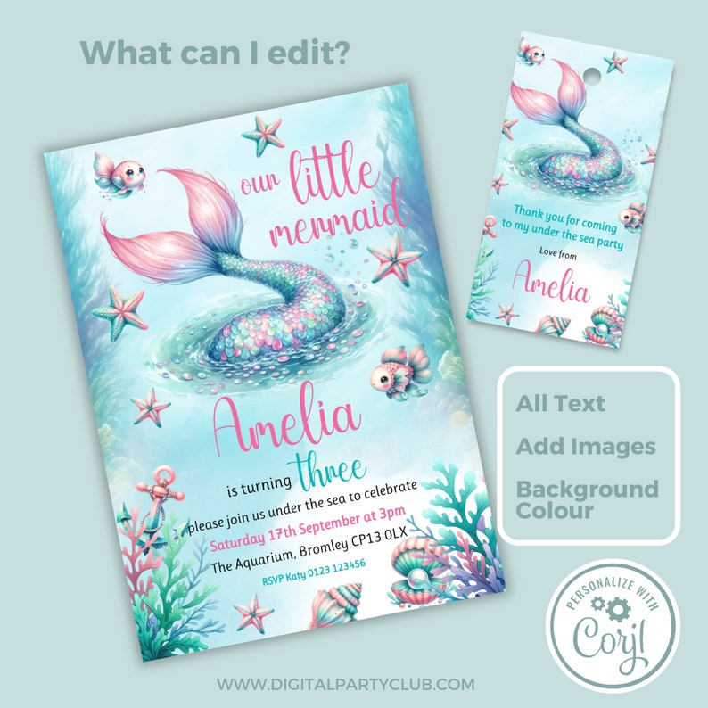 Editable Mermaid Birthday Invitation | Pale Blue & Pink Theme | Free ...