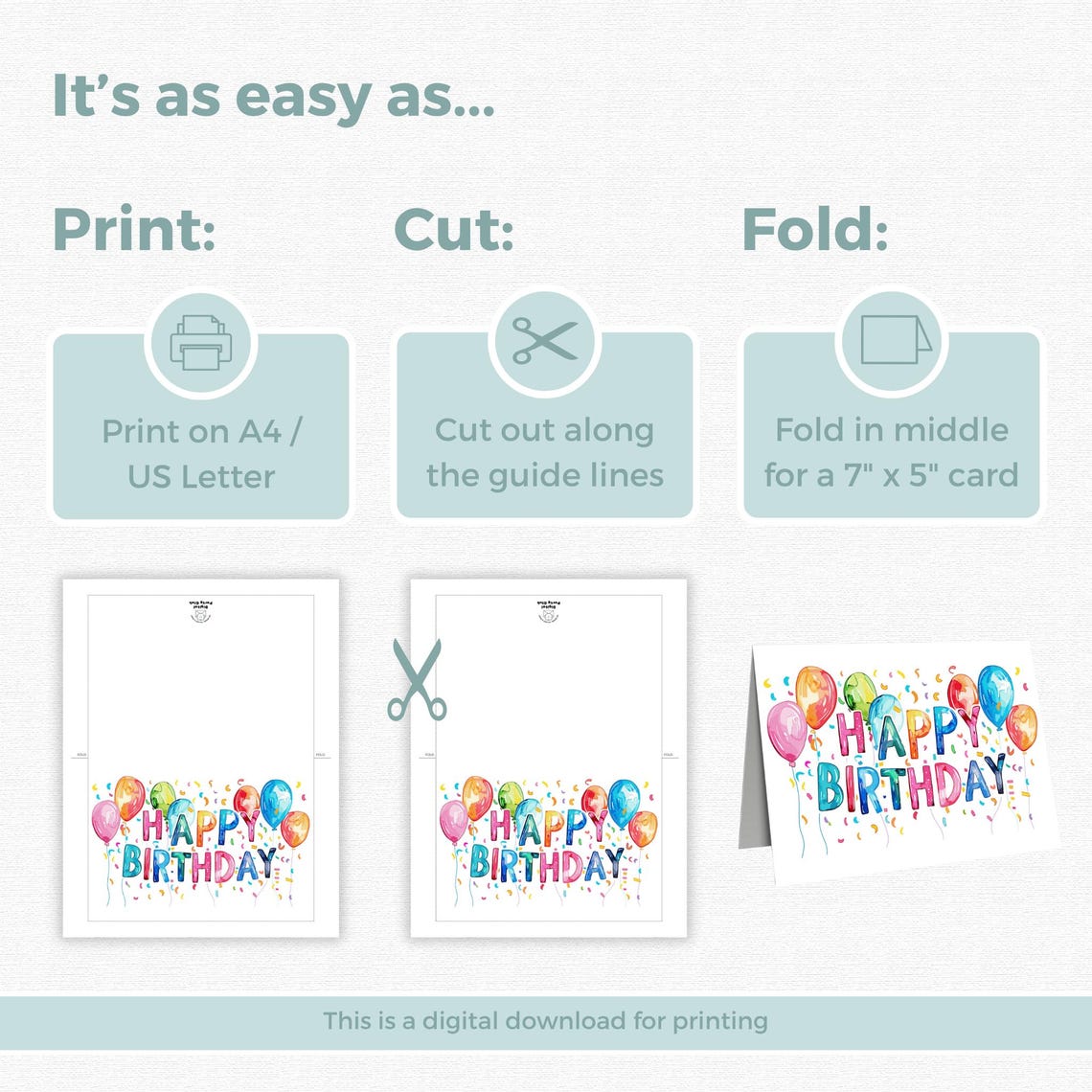 Vibrant Watercolour Balloon Birthday Card, Printable Birthday Card ...